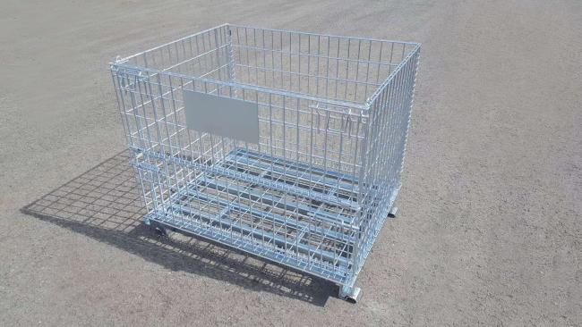Wire mesh container in industrial setting