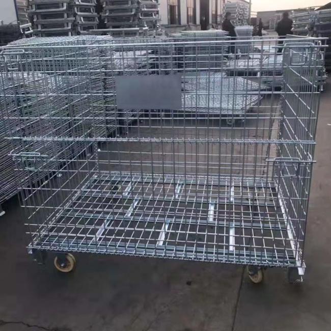 Foldable metal mesh storage container in warehouse setting