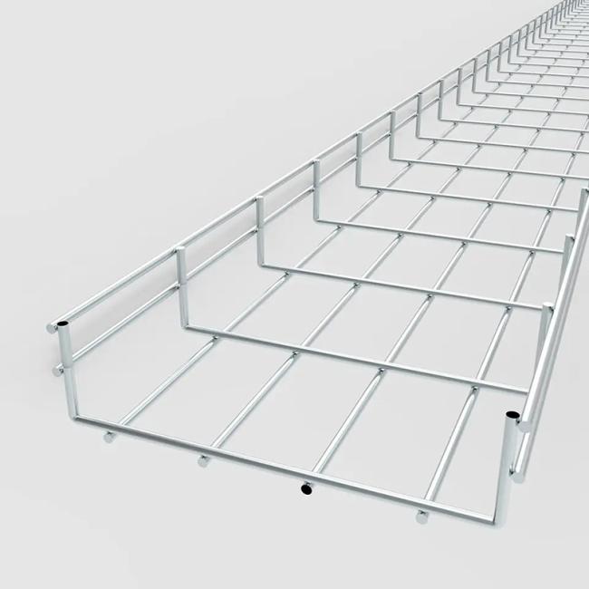 10-foot steel network cable tray showing open grid design and galvanized finish
