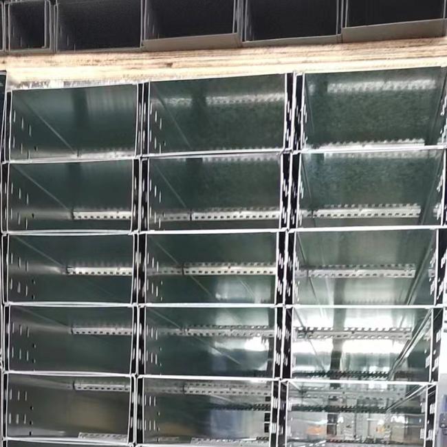 Close-up of galvanized cable tray showing zinc coating