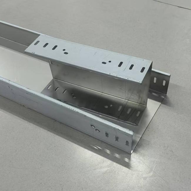 Close-up view of stainless steel cable tray construction