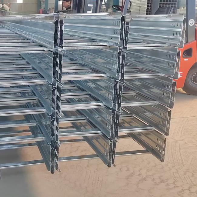 Close-up view of ladder cable tray demonstrating galvanized finish and structural details