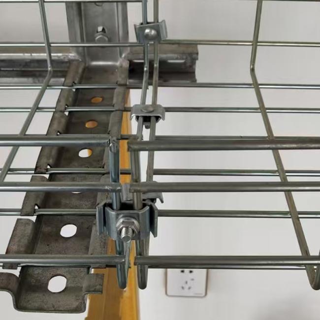 Close-up view of cable tray network showing wire mesh structure