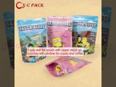 3 side seal flat pouch with zipper stand up pouches with window for snacks and coffee