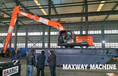 China MAXWAY Long Arm Amphibious Excavator with Side Pontoon and Hydraulic Pile for River Dredging for sale