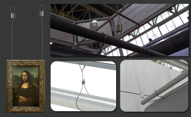 Cable loop securing clamp in use for hanging applications