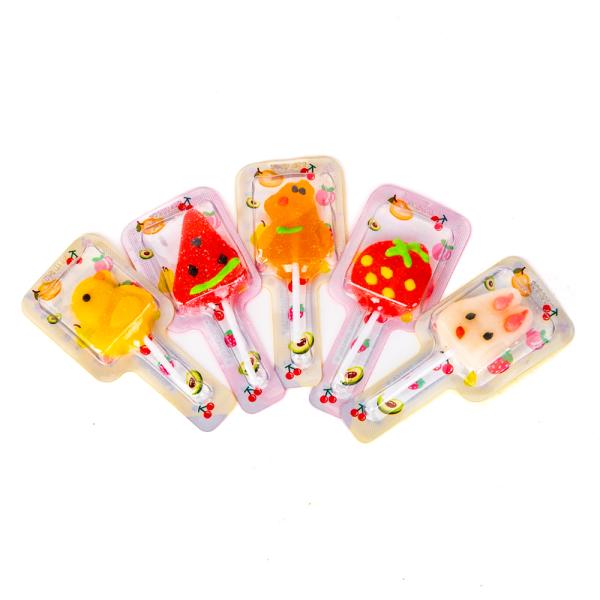 Quality Heartwarming Assorted Cartoon Shape Fruity Soft Texture Gummy Candies Lollipop 10g Boxed Custom Packaging Multi-Colored Sweet for sale