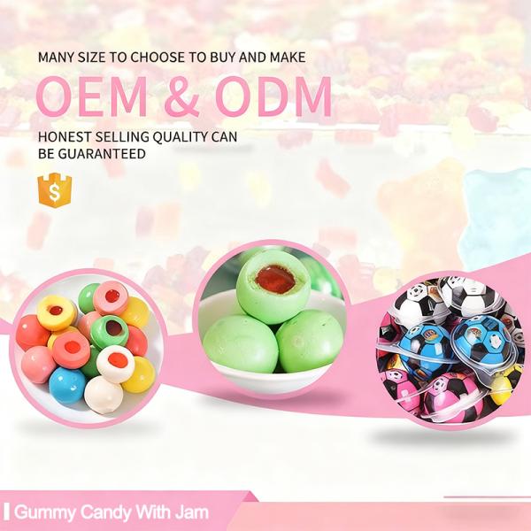 Quality Halal Certified Gummy Candy Filled Jam Assorted Ball Shape Soft Candy Sweets for sale