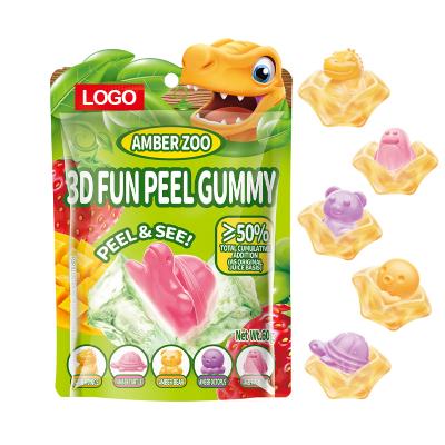 China Amber Animal Shapes Peelable Gummy Candy 50% Real Juice Fruit Flavor Soft Candy for sale