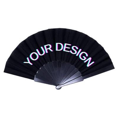 China Custom Advertising Black Plastic Fan Customized Plastic Oxford Folding Fan Plastic Advertising Hand Fan for sale