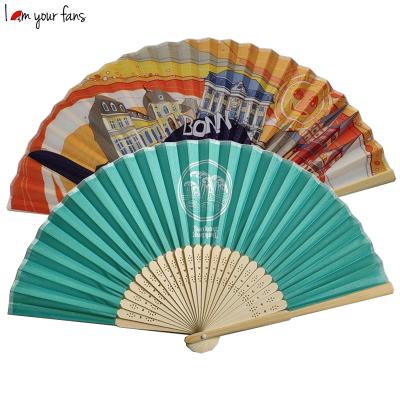 China Factory Price 21cm 23cm Customized Brand Promotional Gift Portable Hand Fan Printed Bamboo Fabric Paper Hand Fan for sale