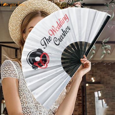 China DIY Painted Techniques Customized Large Satin Rave Bamboo Clack Folding Hand Fans with Black Light UV Responsive for sale