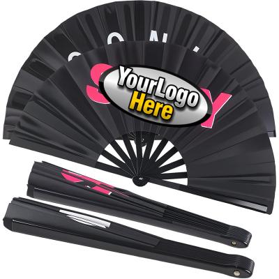 China Custom Printed UV Reflective 13 Inch Large Bamboo Folding Clack Hand Held Fan for Rave Accessories for sale