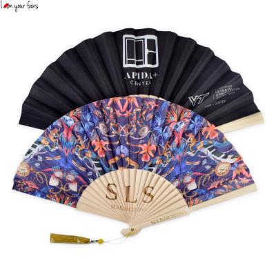 China New Arrival Customized Hand Fan Wood and Fabric Fans Eco-Friendly Wooden Fan for Wedding for sale