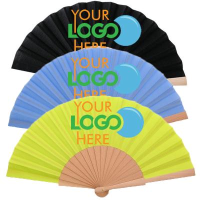 China 23cm Personalized Wholesale Wood Handle Hand Fan Fabric  Wood Folding Fan for sale