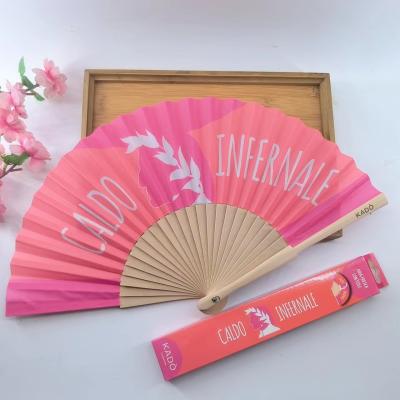 China Promotional Fan Spanish Handle Plastic Wedding Favor Gifts  Fan Box Wood Customized Logo Color for sale