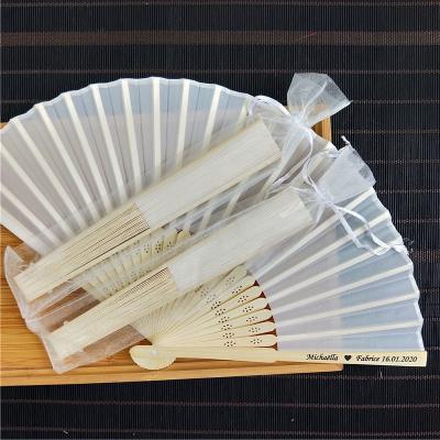 China Factory Price 21CM 8inch Cheap Bamboo Handle White Silk Printing Bride Wedding Party Bamboo Fabric Hand Held Fan for sale