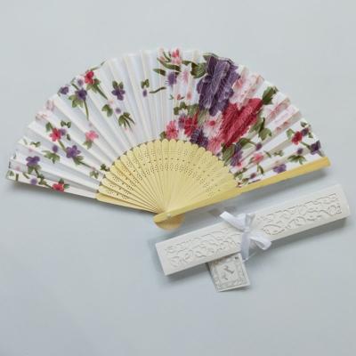 China [I AM YOUR FANS]Japanese White Satin Floral Design Fabric Bamboo Frame Wedding Souvenirs Hand Fan for sale