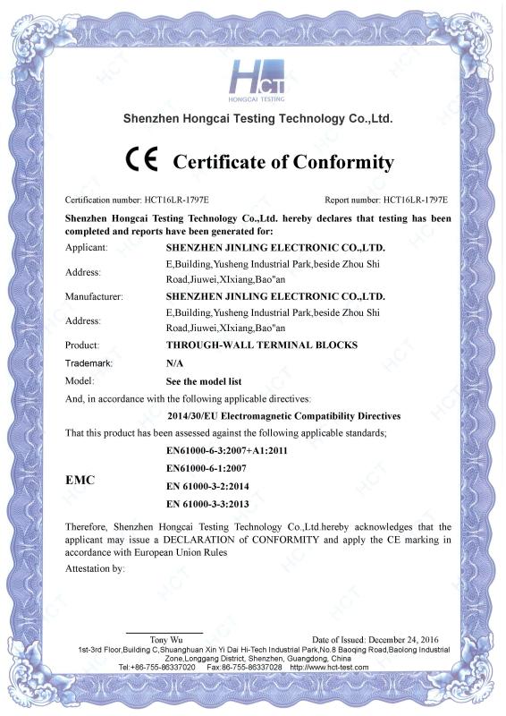 CE certification THROUGH-WALL TERMINAL BLOCKS - ShenZhen Jinling Electronics Co.,Ltd