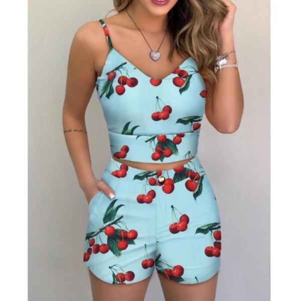 Quality Women'S Hot Shorts Printed Blouse Set Summer 2 Piece Outfit With Wool Fabric for sale