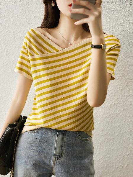 Quality Fashion Striped Knitted Tshirt V Neck Casual Tee Shirt for Women's Occasion for sale