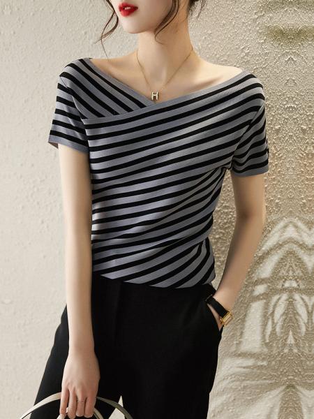 Quality Fashion Striped Knitted Tshirt V Neck Casual Tee Shirt for Women's Occasion for sale