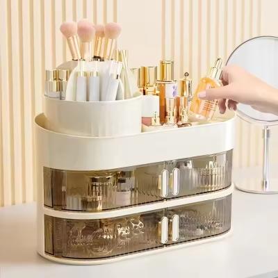 China 3 Layers Rotating Dustproof Vanity Top Makeup Organizer Multifunctional Acrylic Desktop Storage Box With Brush Holder for sale