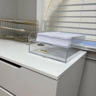 China Single-Tier Clear Acrylic Office Organizer Drawer Large Plastic Paper Tray Desktop Storage Easy Standing Installation Box for sale