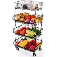 China 4 Tier Stackable Metal Wire Basket Storage Rack with Rolling Wheels Fruit Vegetable Organize Rack for Kitchen for sale