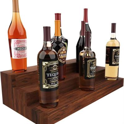 China Three Tier Vintage Wine Rack Solid Wood Stepped Display Cabinet for Wine Bottle Storage Home Bar Organizer for sale