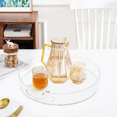 China Clear Acrylic Round Serving Tray with Handle Transparent Single Tier Organizer for Kitchen Bathroom Fruit Cosmetics Storage for sale