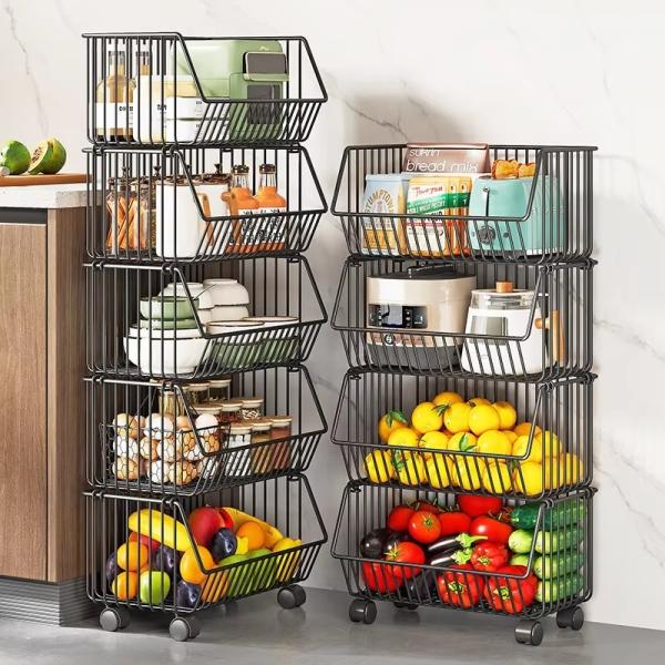 Quality Large Capacity Multi-layer Kitchen Trolley Black Metal Storage Rack Vegetable for sale