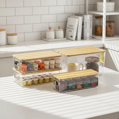 China Plastic Transparent Box Stackable Food Storage Bin Kitchen Storage Containers with Wooden Lid for sale