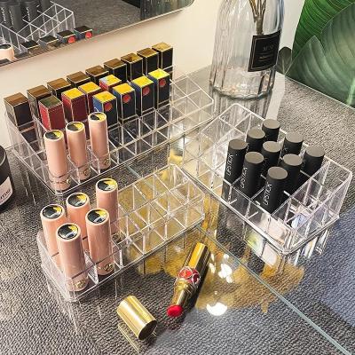China Multiple Compartments Lipstick Makeup Brush Storage Box Modern Design Trendy Transparent Desktop Lip Gloss Organizer for sale