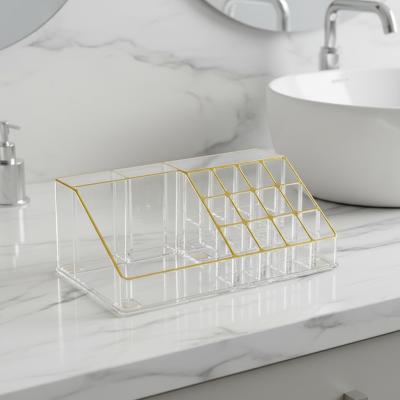 China Hot Selling Gold Edge Storage Box Acrylic Desktop Lipstick Multi-cell Makeup Brush Organizer Box for sale