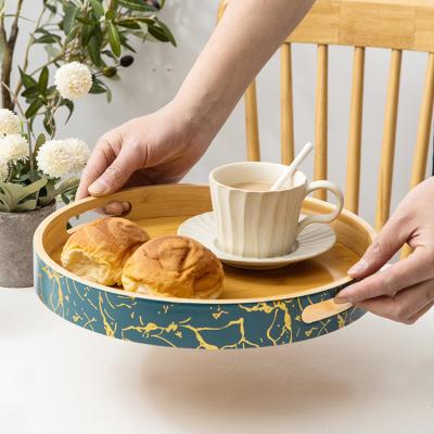 China Custom Round Bamboo Floating Serving Trays Set Polished Wooden Tea & Coffee Tray with Handles Sustainable for sale