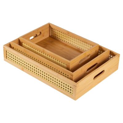 China Handmade Modern Trendy Rattan Storage Basket Bamboo Woven Bin with Wooden Frame Handles Rustic Farmhouse Decorative Wicker Box for sale